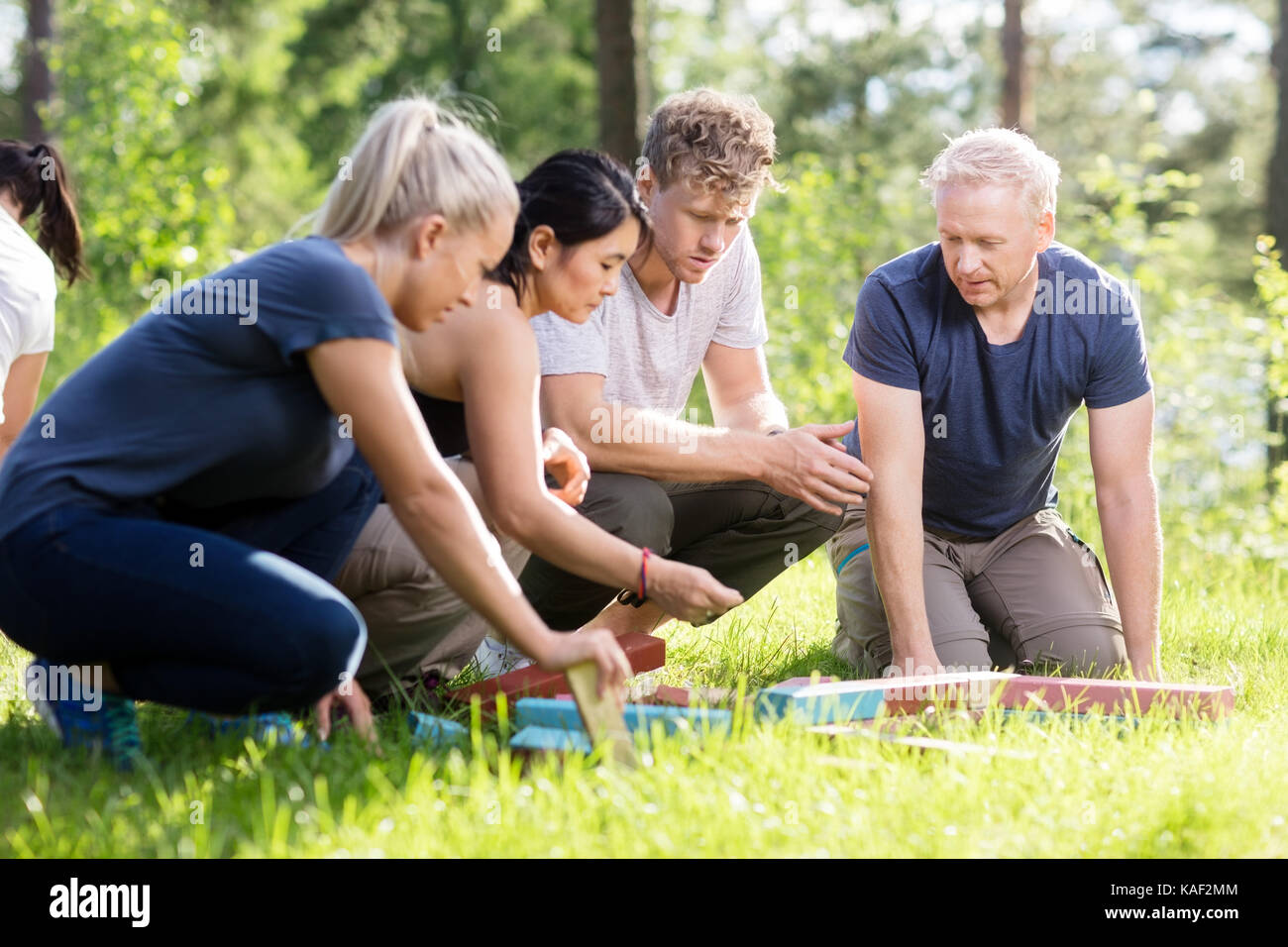 Friends Planning While Playing With Building Blocks On Grassy Fi Stock ...