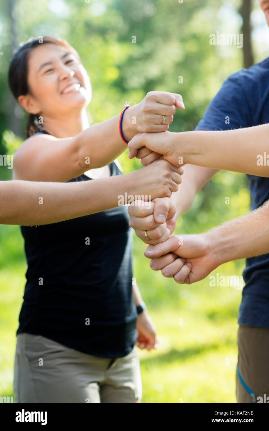 Coworkers Stacking Fists In Forest Stock Photo - Alamy