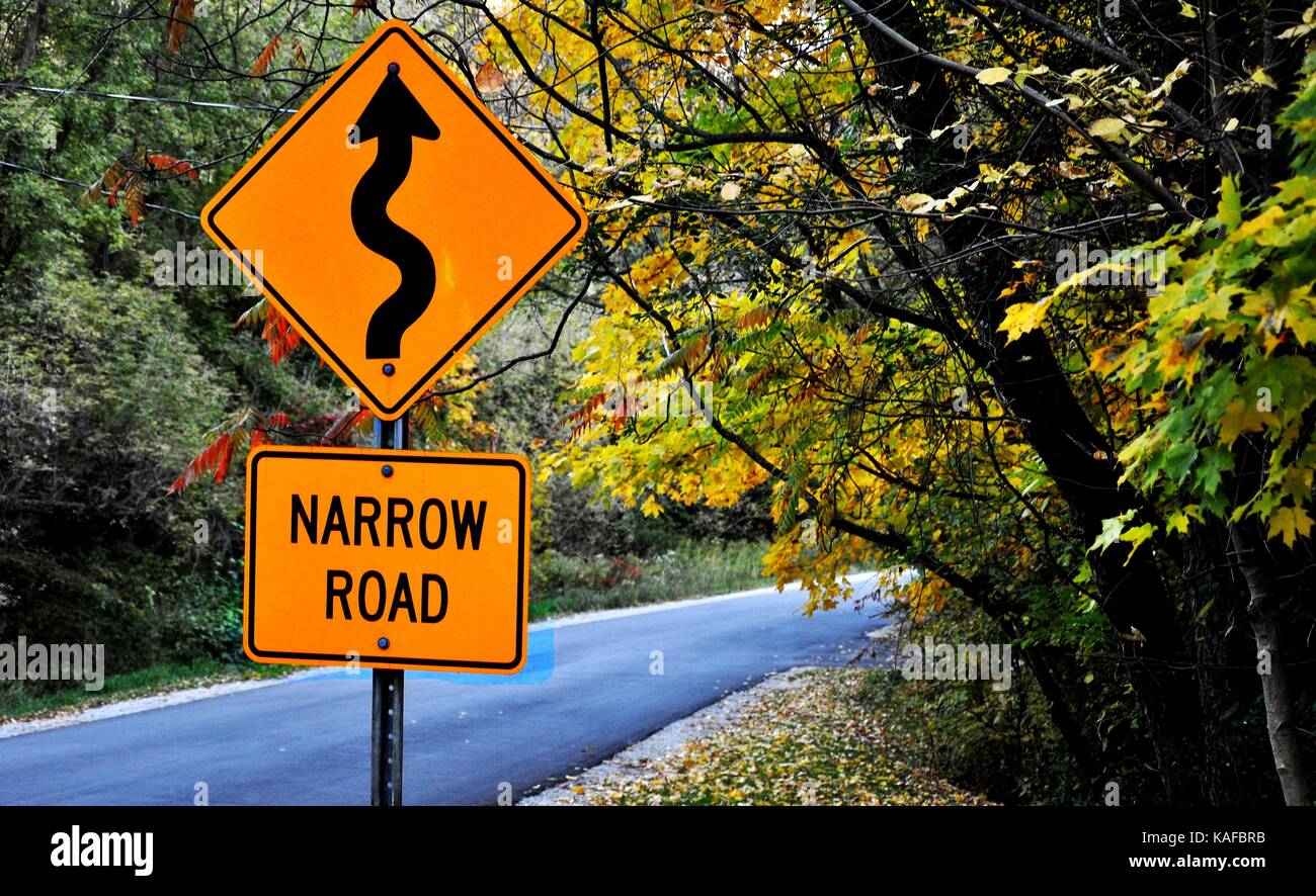 Street sign signaling 'Narrow Road' ahead in Ontario, Canada Stock ...
