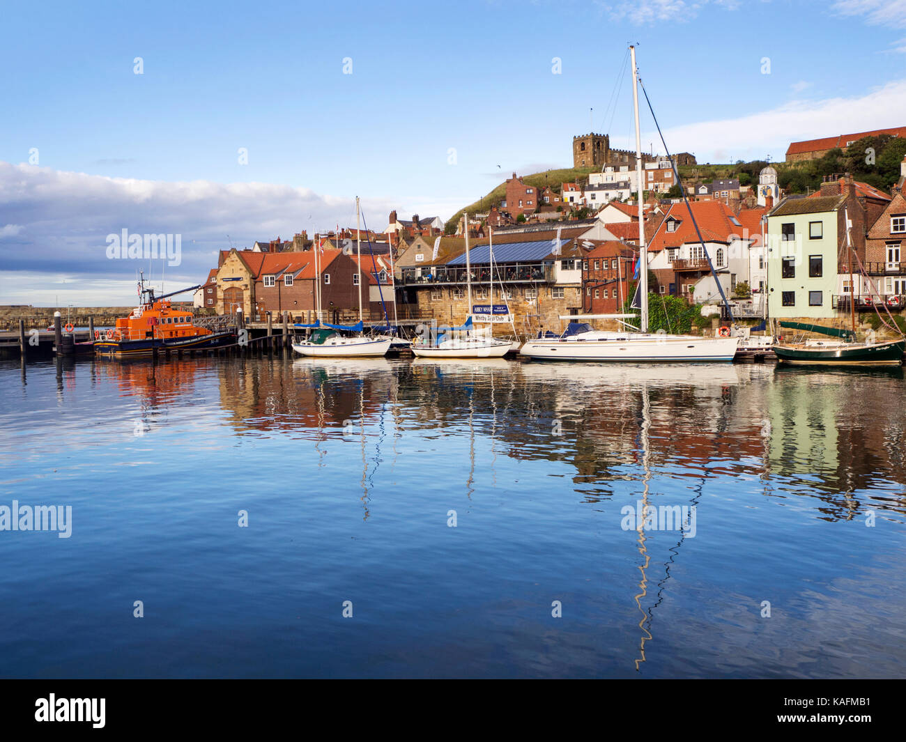 Lifeboat and Yachts in the Harbour below St Marys Church at Whitby ...