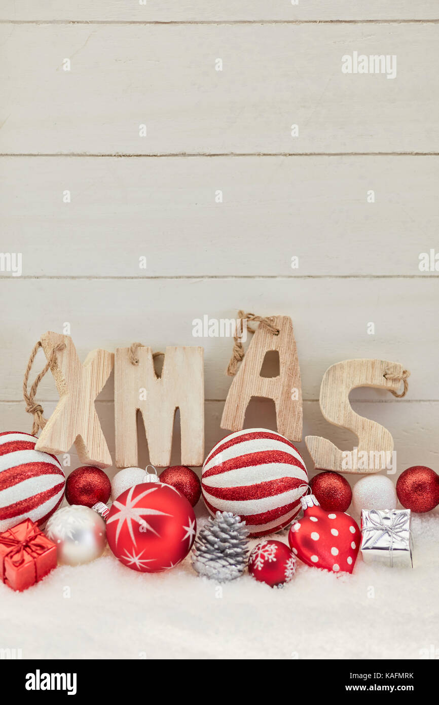 Xmas text on christmas greeting card with decoration Stock Photo - Alamy