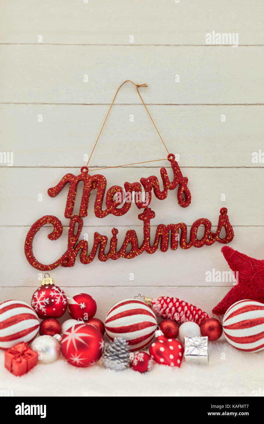 Merry Christmas red sign as background for decorated greeting card ...