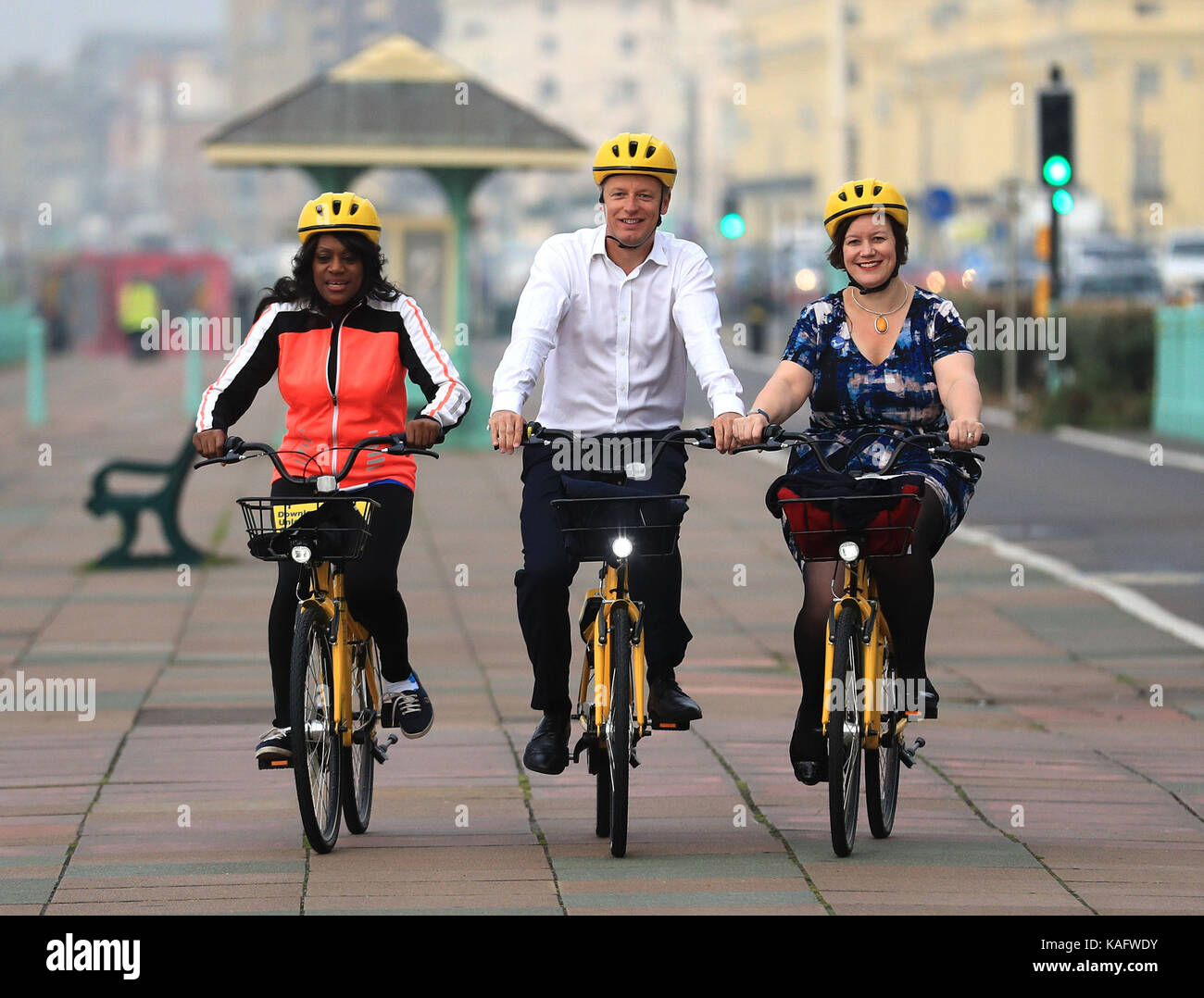 Labour MPs (L-R) Eleanor Smith, Luke Pollard and Meg Hillier cycle ...