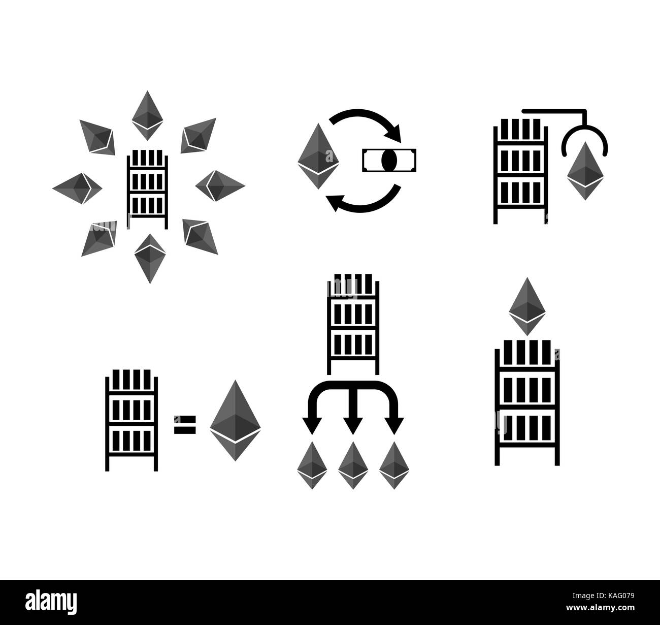 Cryptocurrency Extraction and exchange system set icon. Mining etherium ...