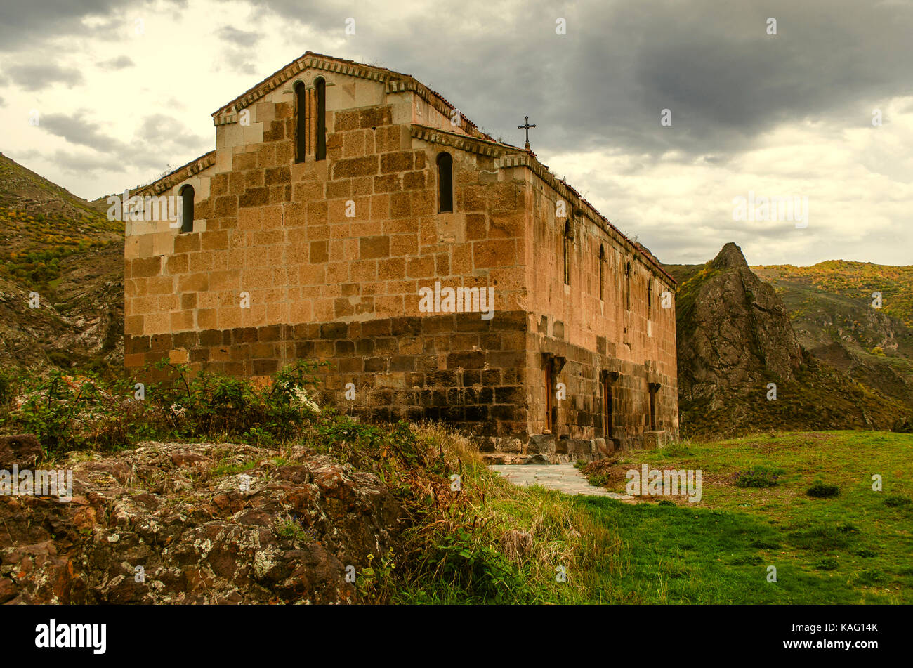 View after the rain on the medieval monastery Tsitsernavank in the ...