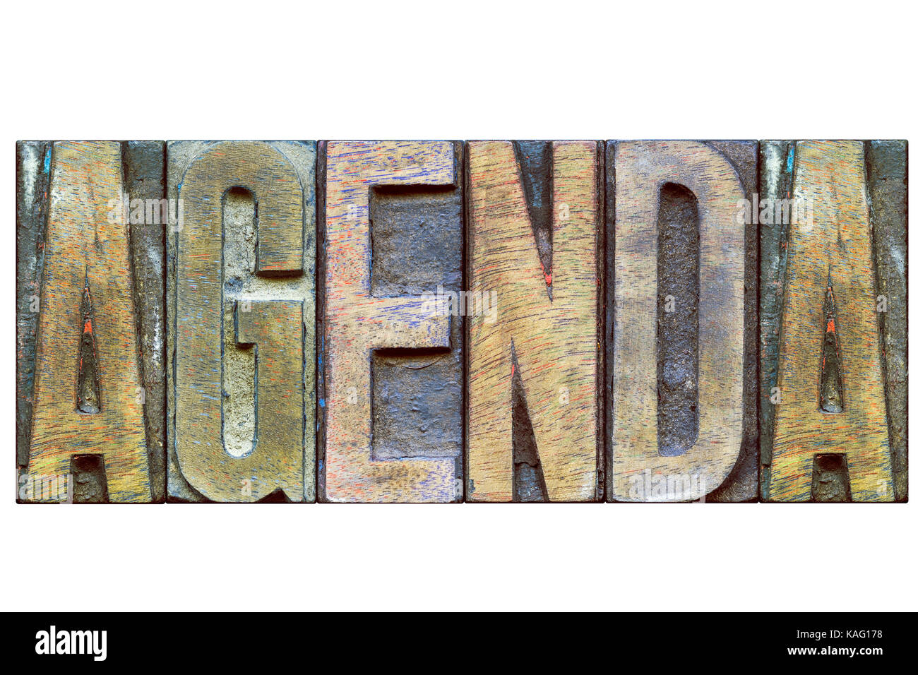 agenda word made from wooden letterpress blocks isolated on white Stock ...