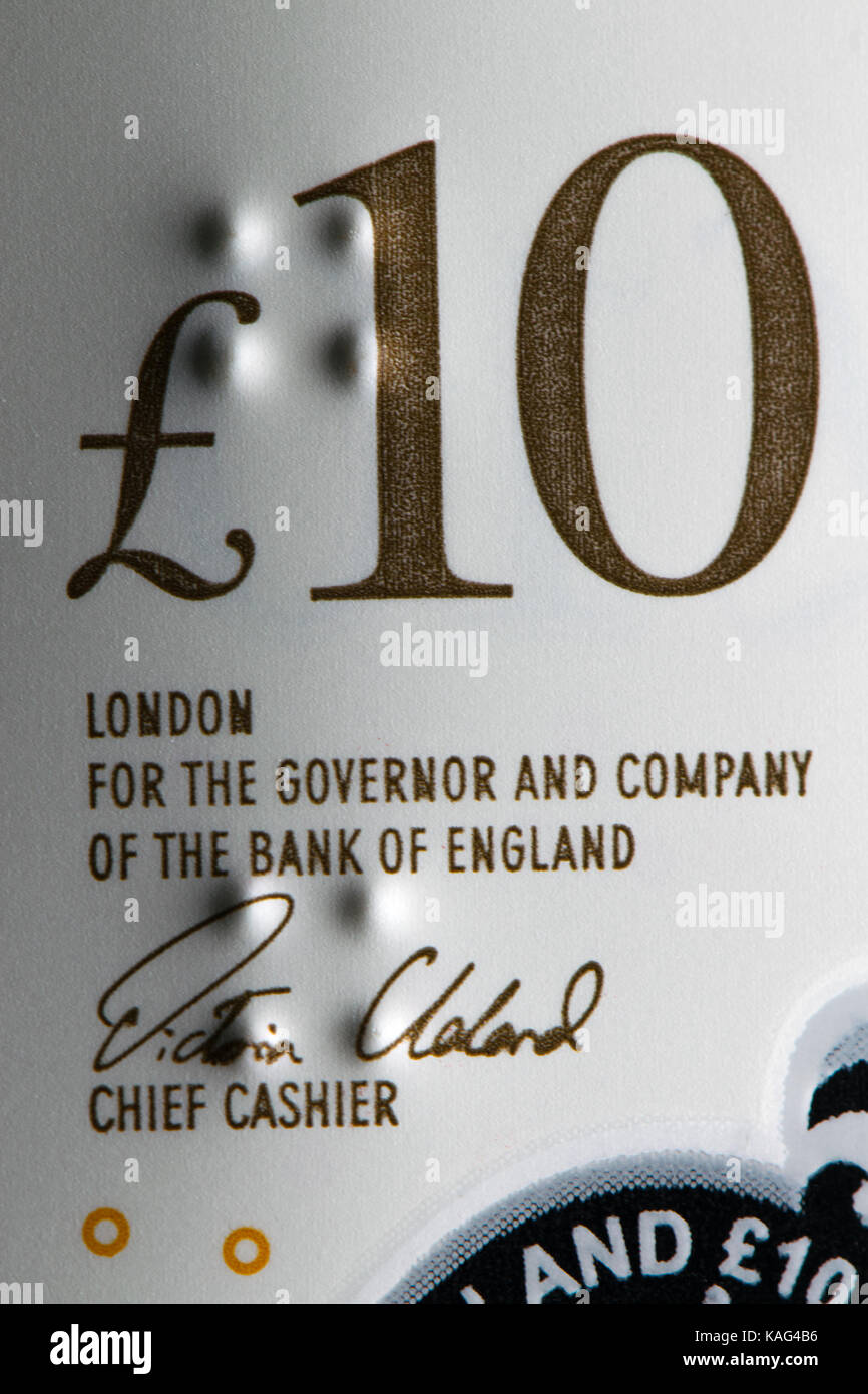 New Bank of England polymer £10 note (September 2017) showing tactile ...