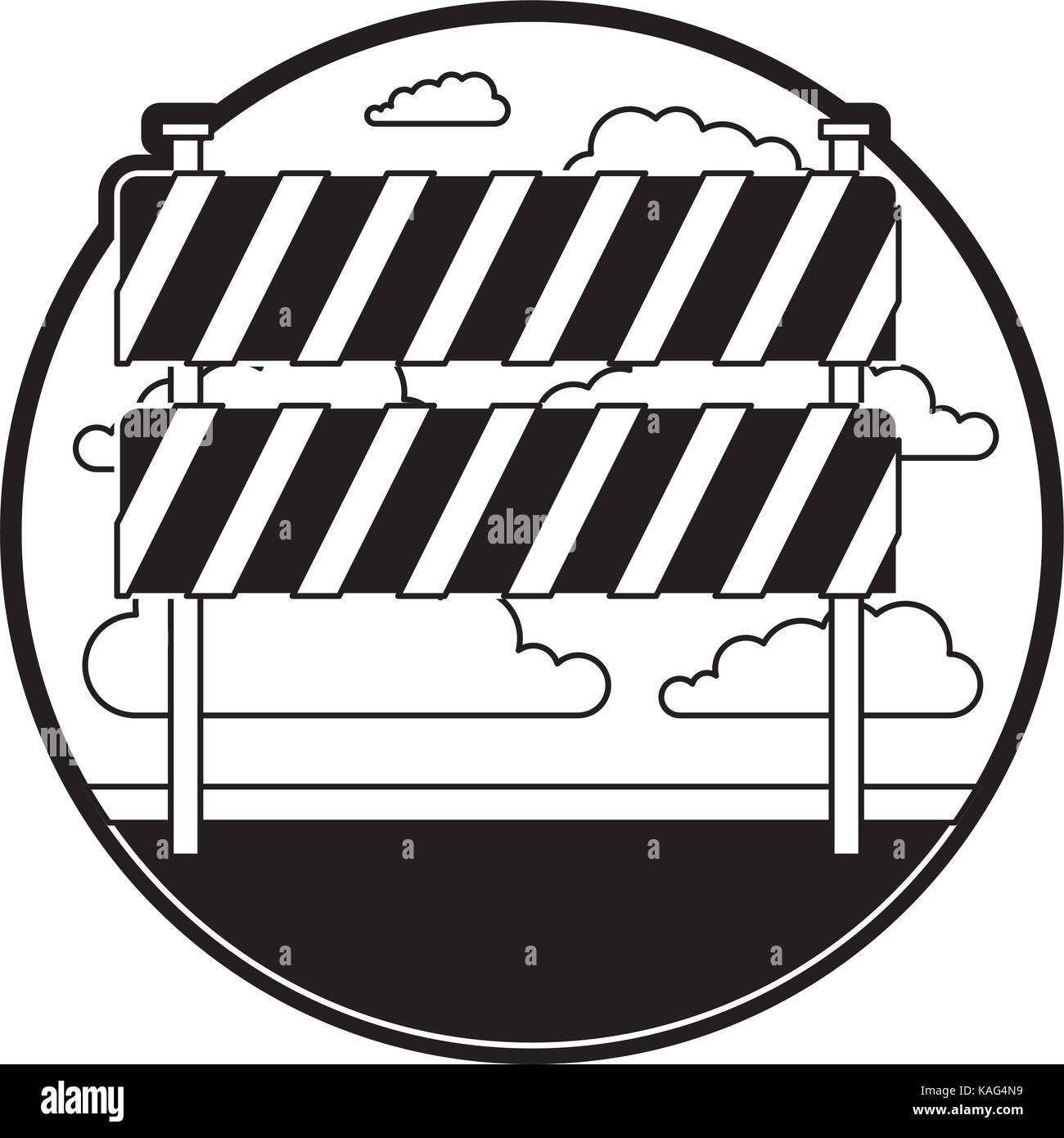 traffic fence in circular frame with cloud landscape on monochrome ...