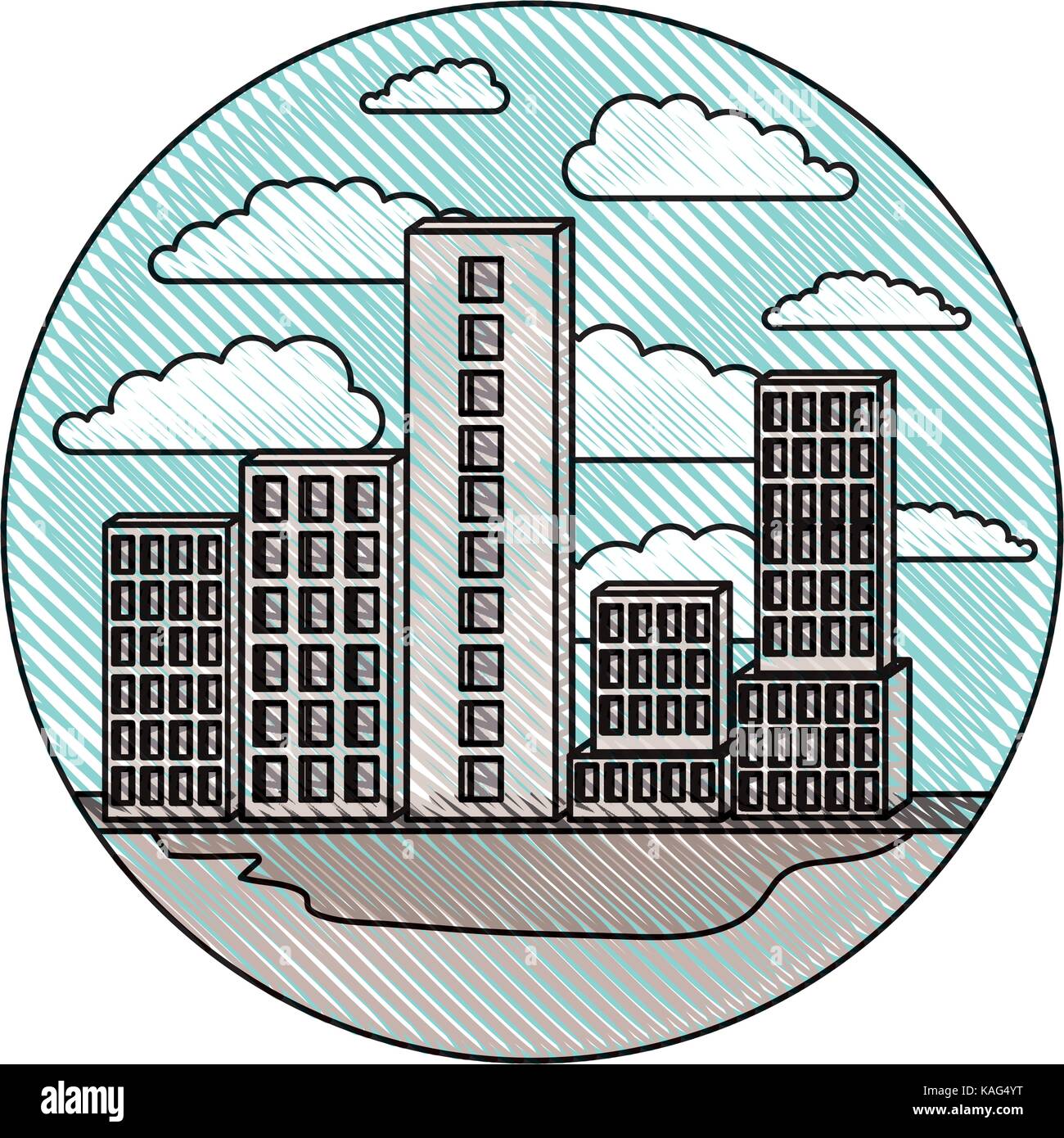 building set big city in circular frame with cloud landscape on color ...