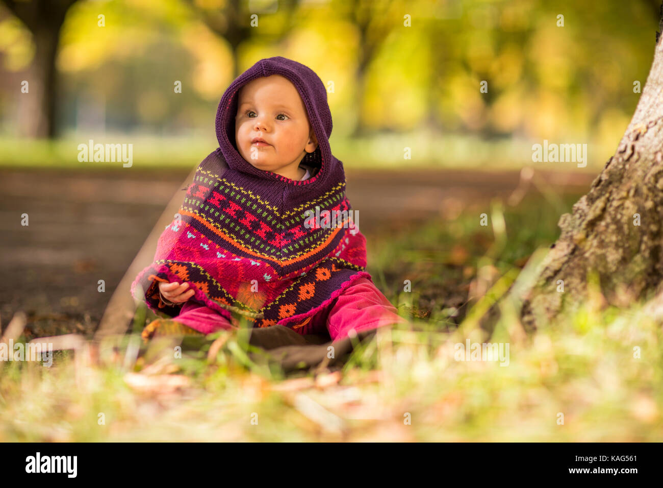 cute happy child baby playing outside in autumn fall sun Stock Photo ...