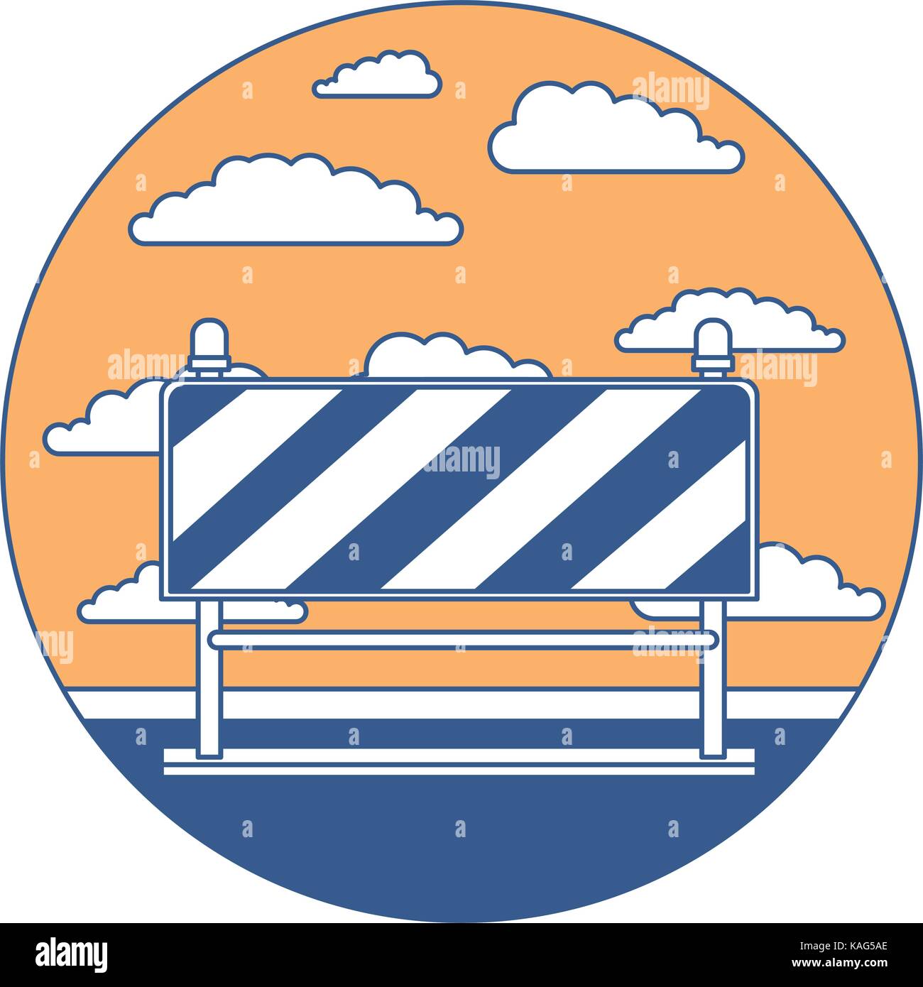 traffic barrier in circular frame with cloud landscape on color section ...