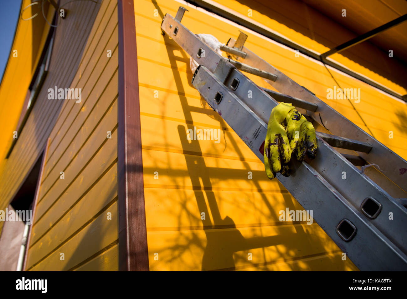 Yellow rubber gloves laid on the telescopic ladder next to the fresh ...