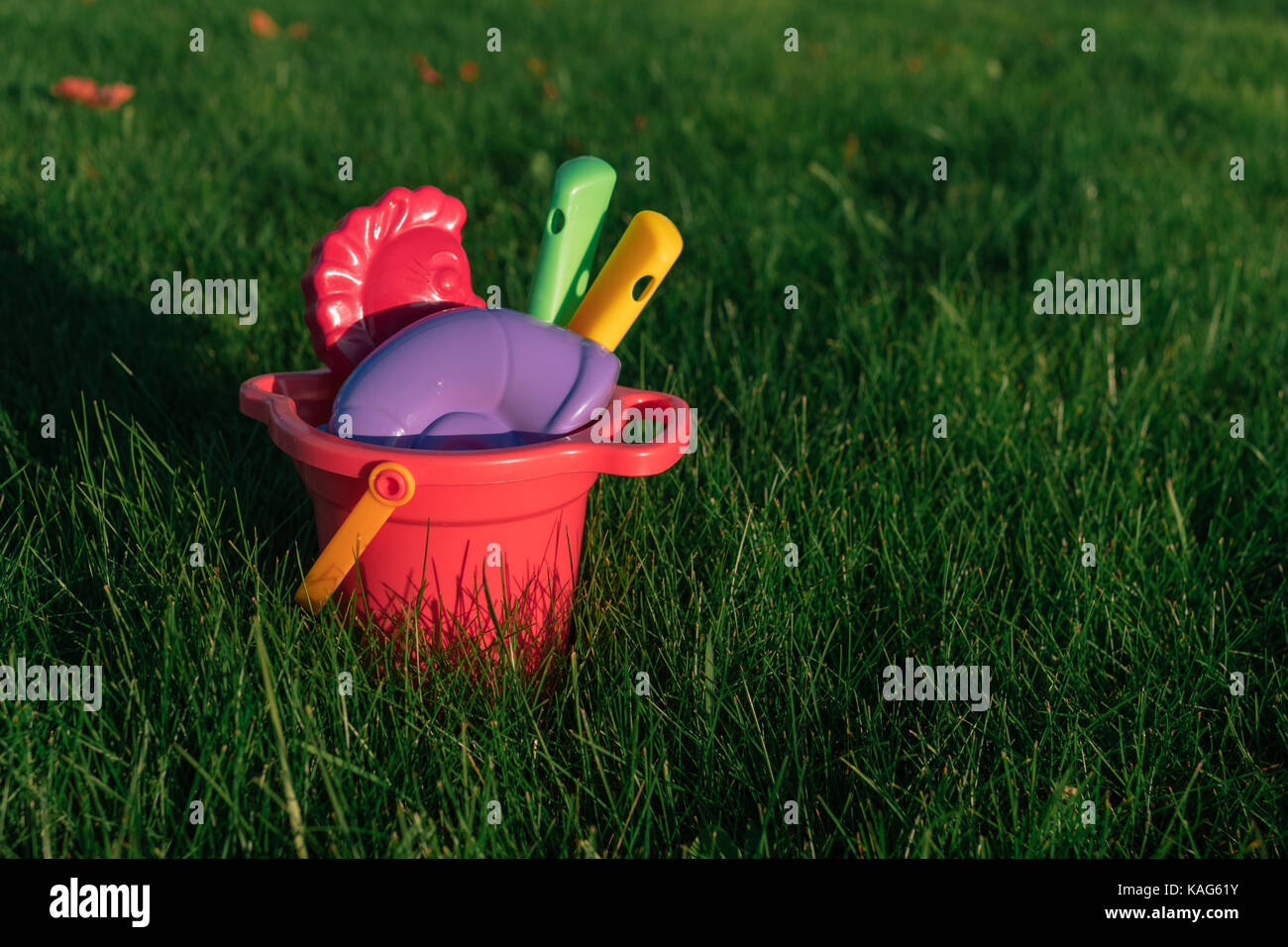 children's colorful toys in a bucket on a green lawn Stock Photo - Alamy