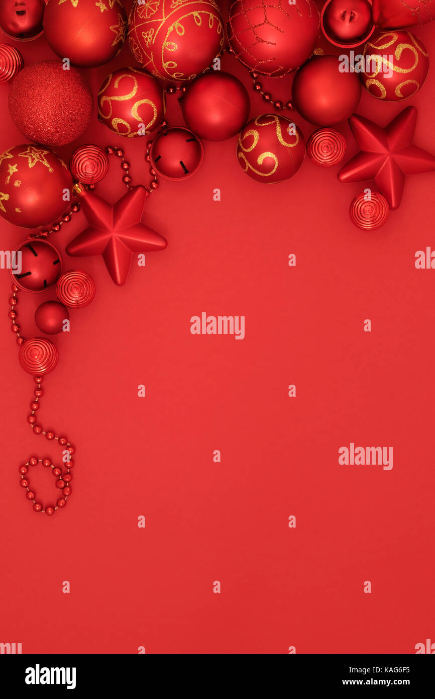 Christmas red bauble background border with round, star shape and bead ...