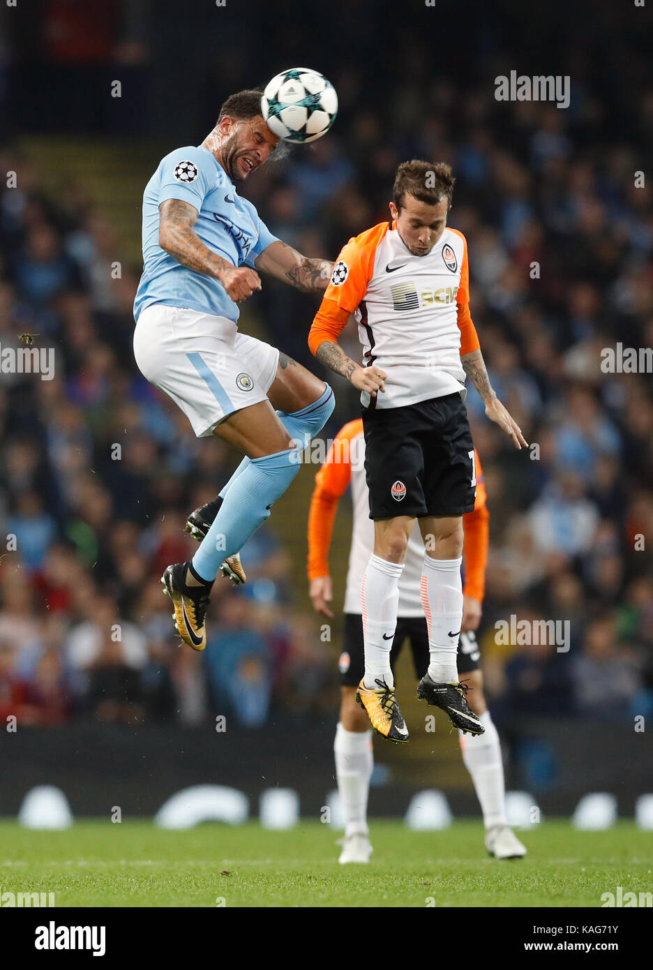 Manchester City's Kyle Walker wins a header during the UEFA Champions ...