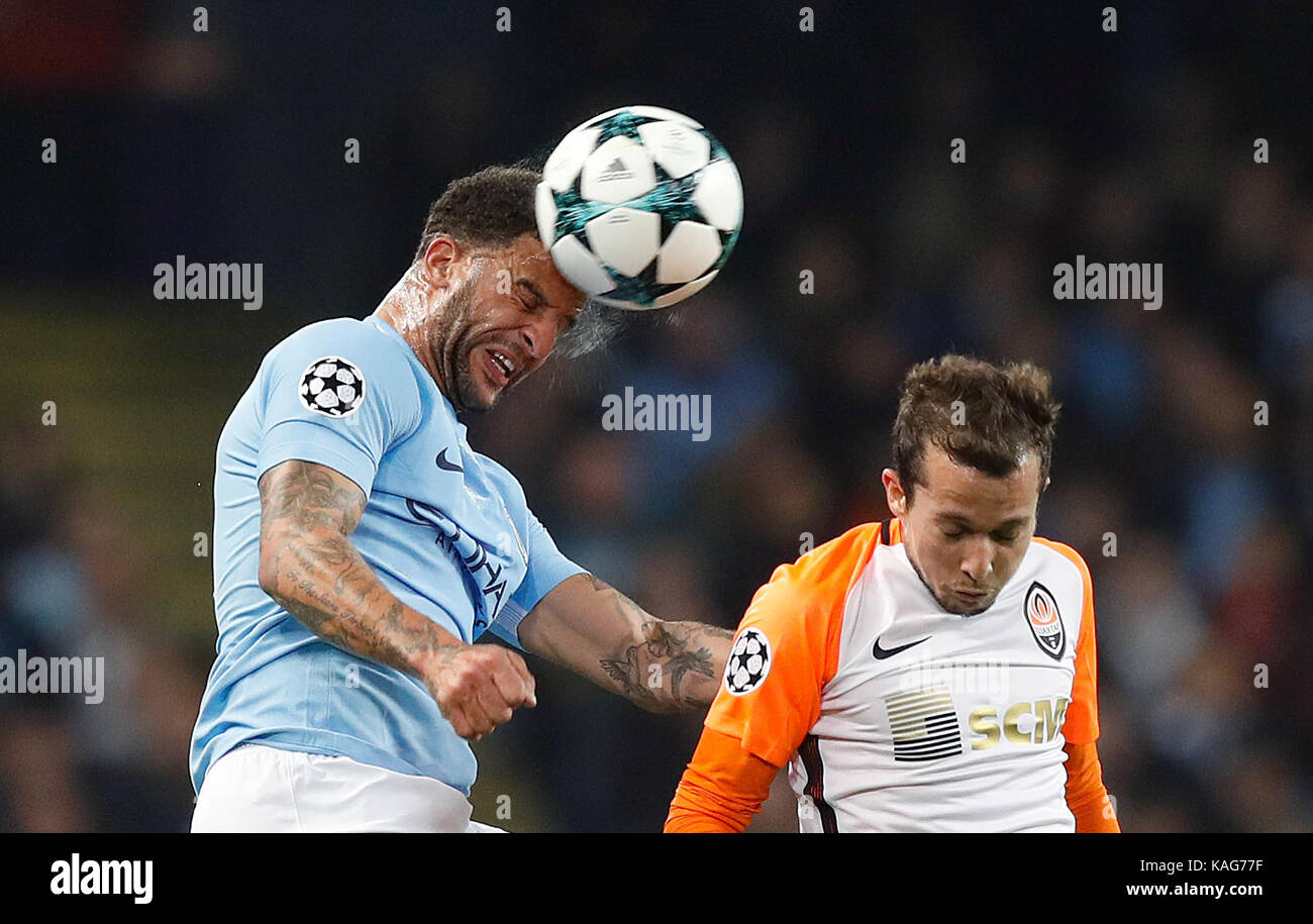 Manchester City's Kyle Walker wins a header during the UEFA Champions ...