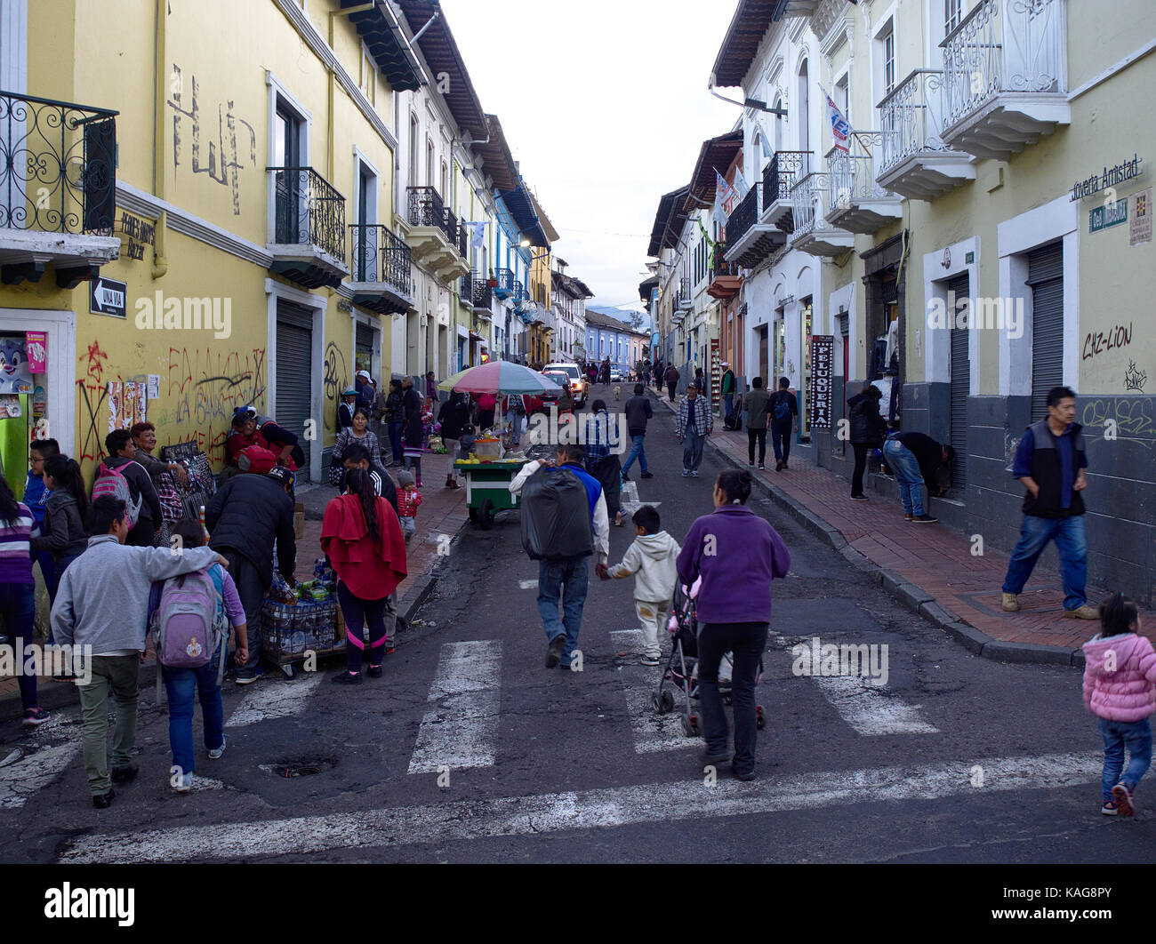 Quito, Ecuador - 2017: A busy street at the historic center full of ...