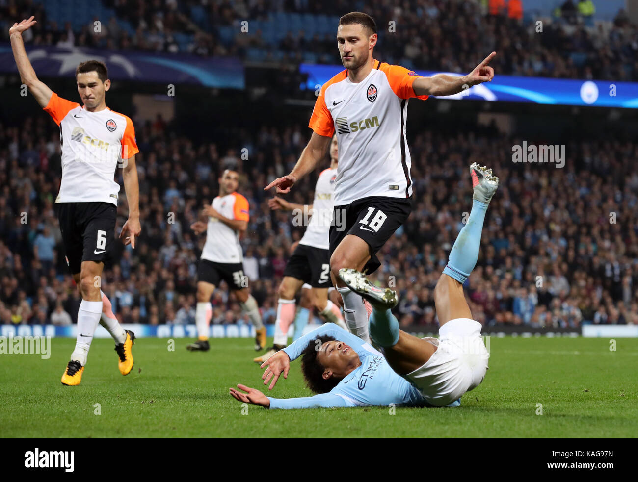 Manchester City's Leroy Sane is tackled by Shakhtar Donetsk's Ivan ...