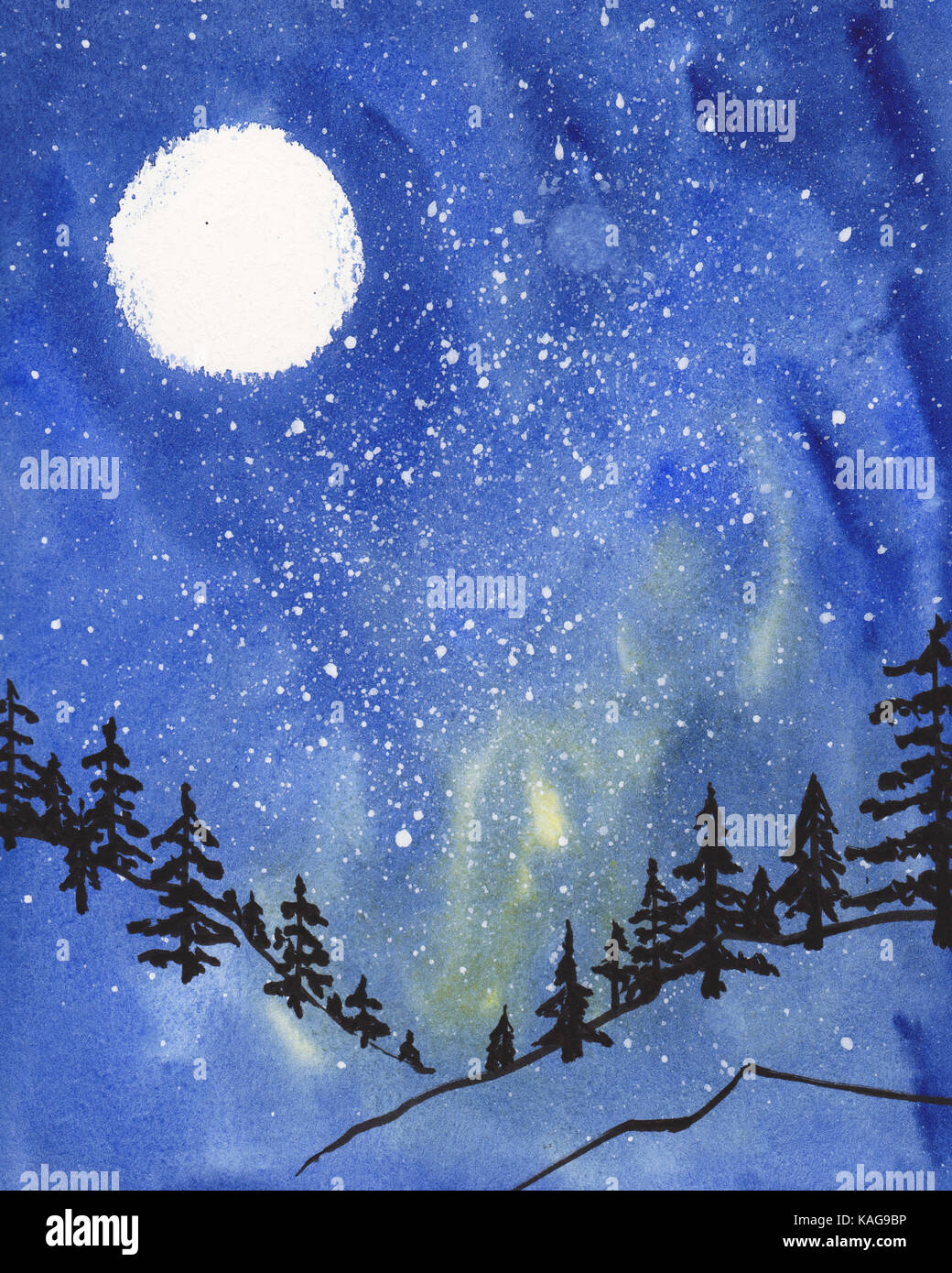 Watercolor hand drawn nightscape with moon, trees, and stars in the sky ...