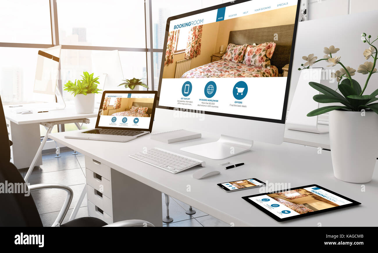 3d rendering devices on modern office. booking room website on screen ...