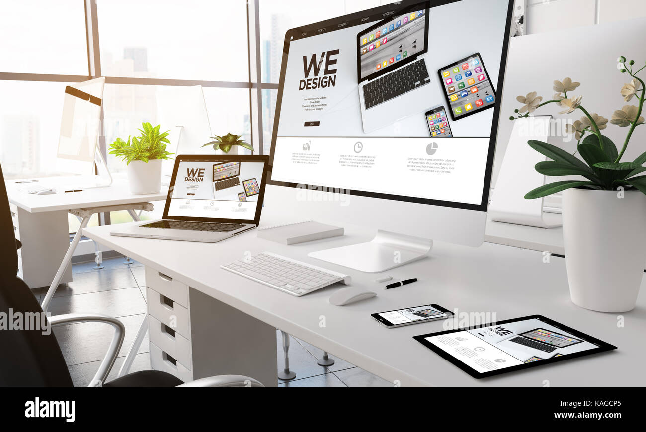 3d rendering devices on modern office. Devices design website on screen ...