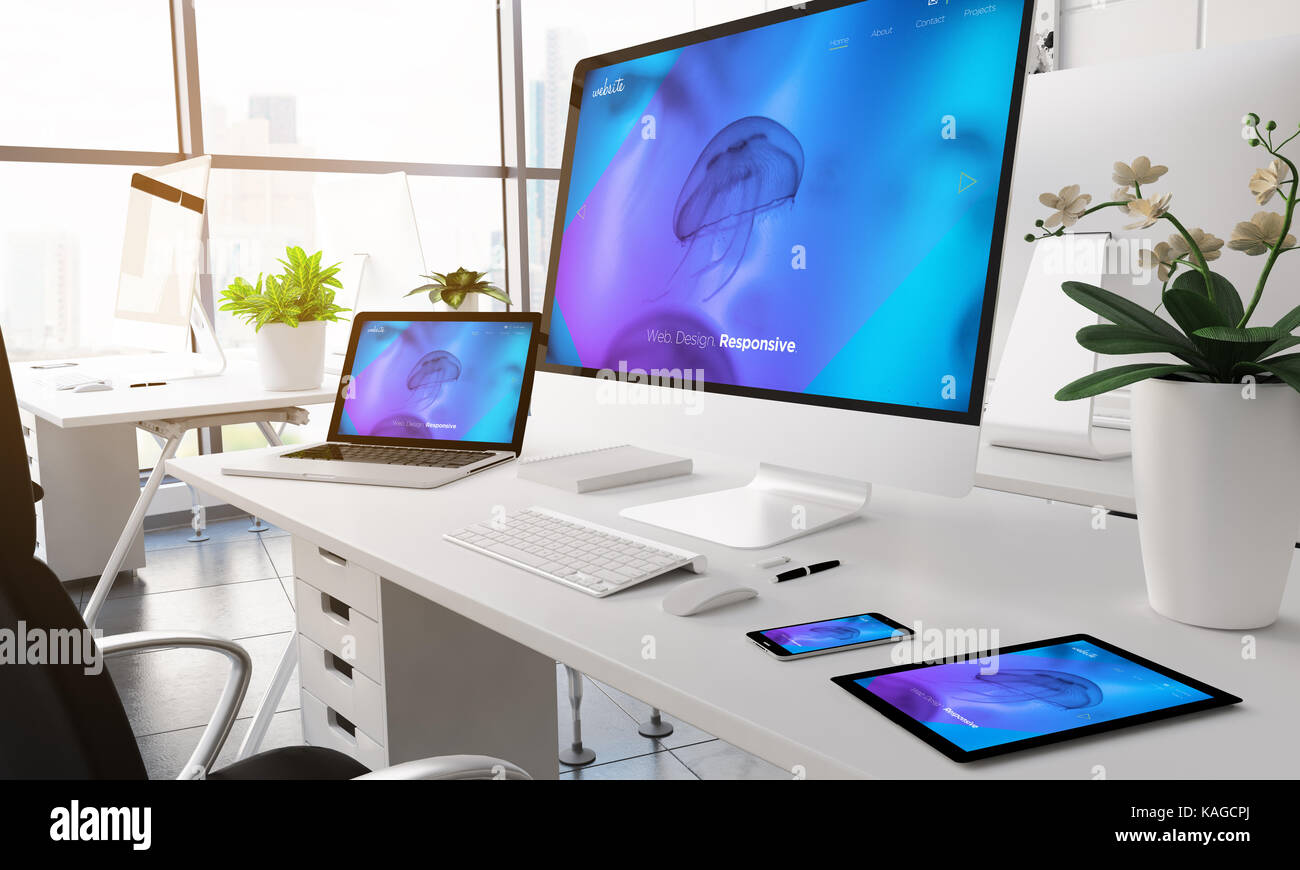 3d rendering devices on modern office. responsivewebsite on screen ...