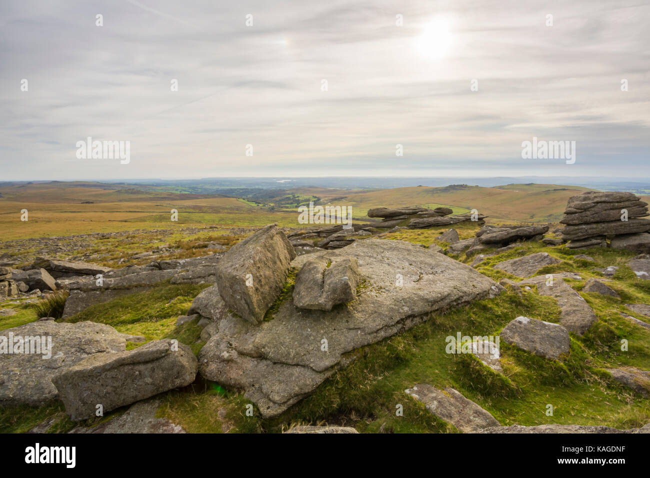 Granite outcrop at Great Mis Tor, with views looking towards Great ...