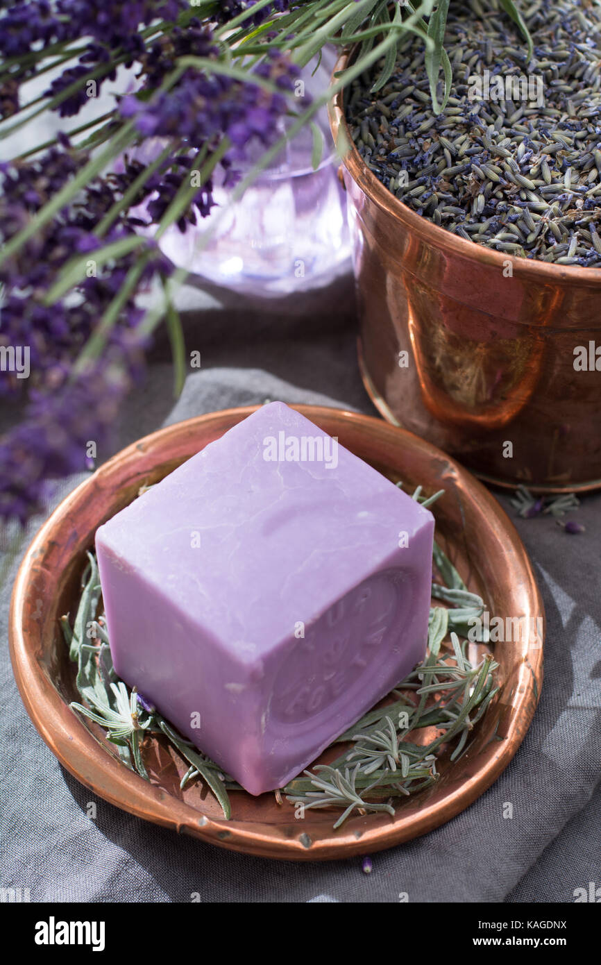 Lavender soap and natural perfumed oil, made from fresh or dried ...