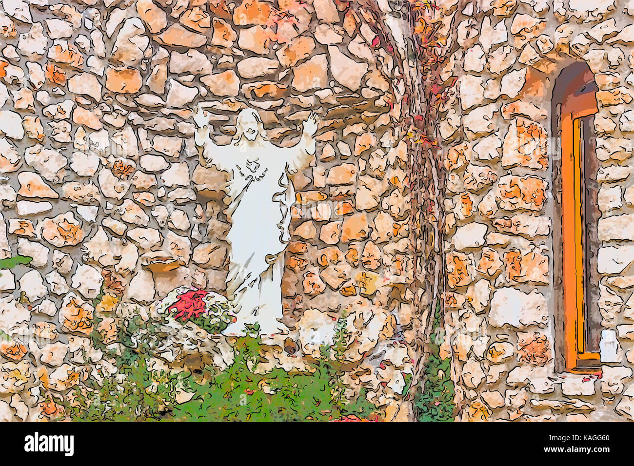 Sacred Heart of Jesus white statue in front of brick stone walls Stock ...