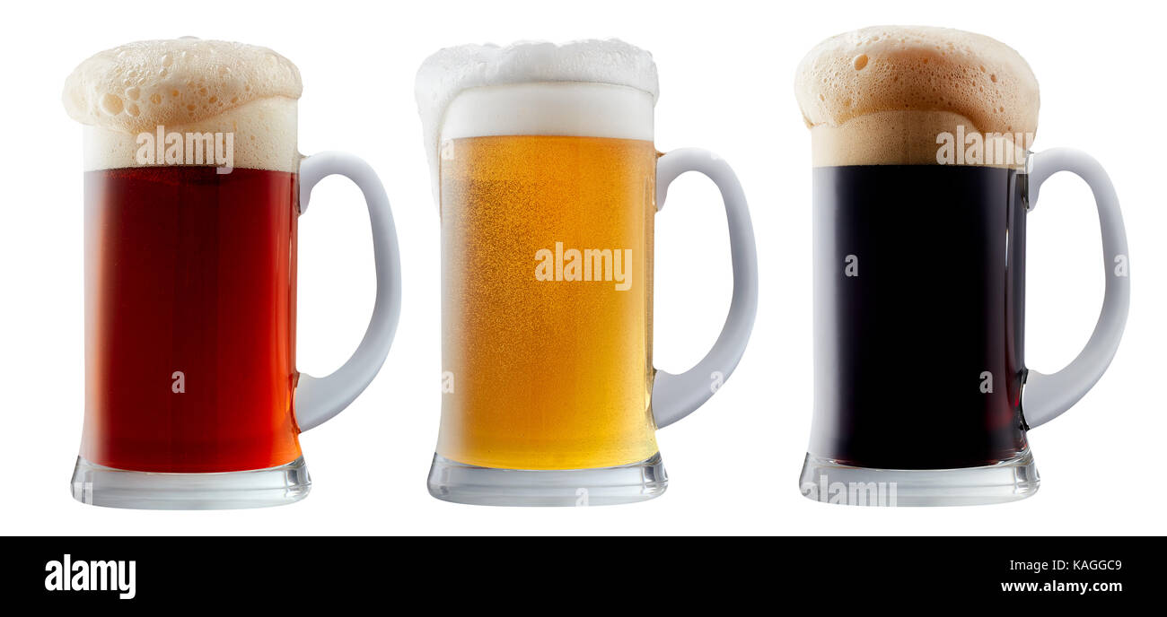 Mug collection of frosty dark red and light beer with foam isolated on ...