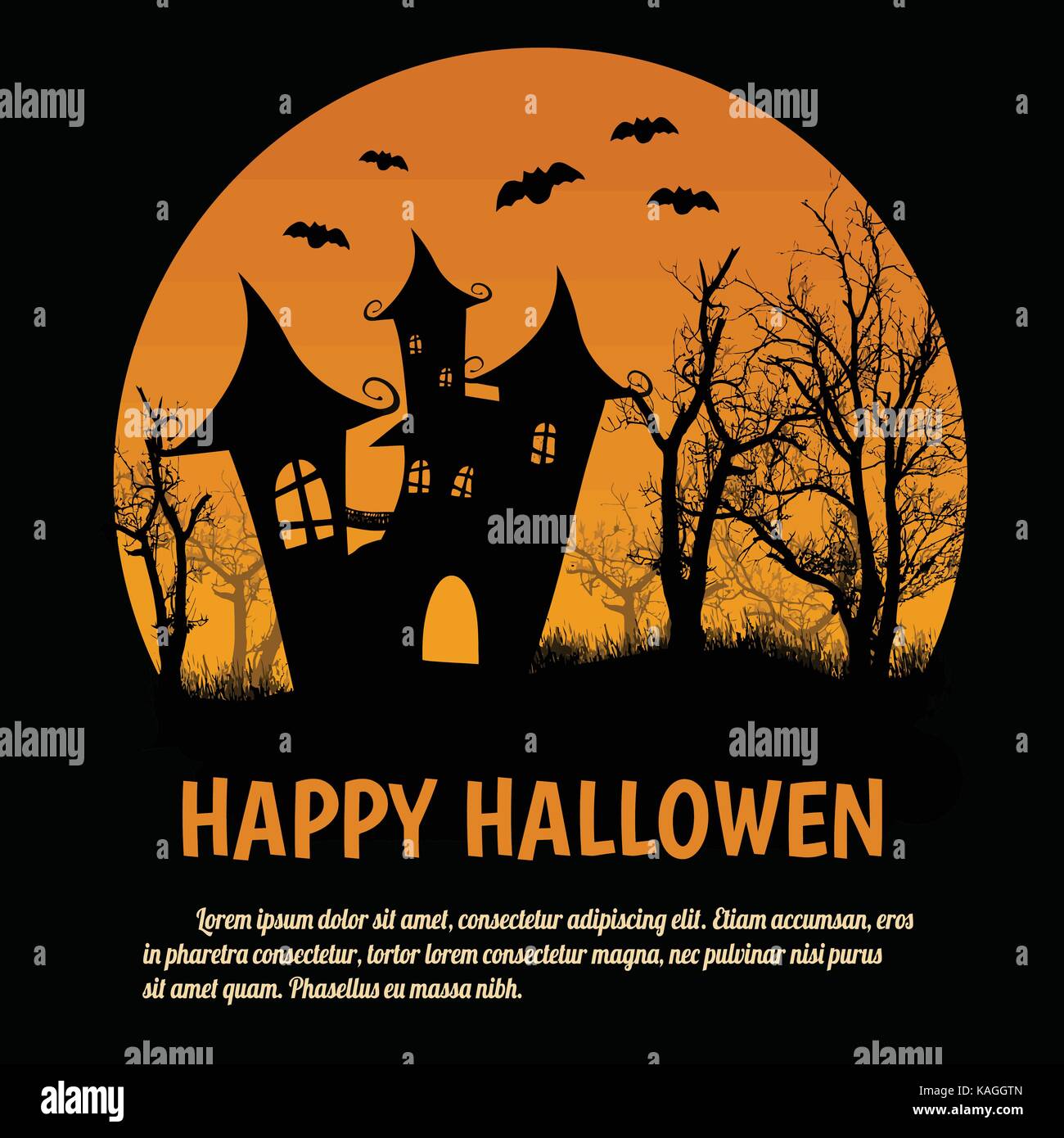 Happy Halloween poster with haunted house, trees and full moon, vector ...