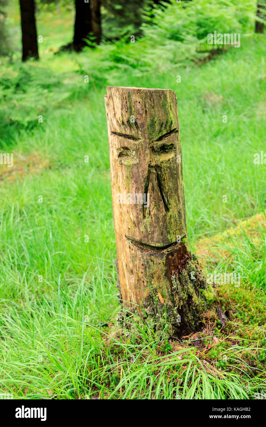 Carved face wooden route marker post Stock Photo - Alamy
