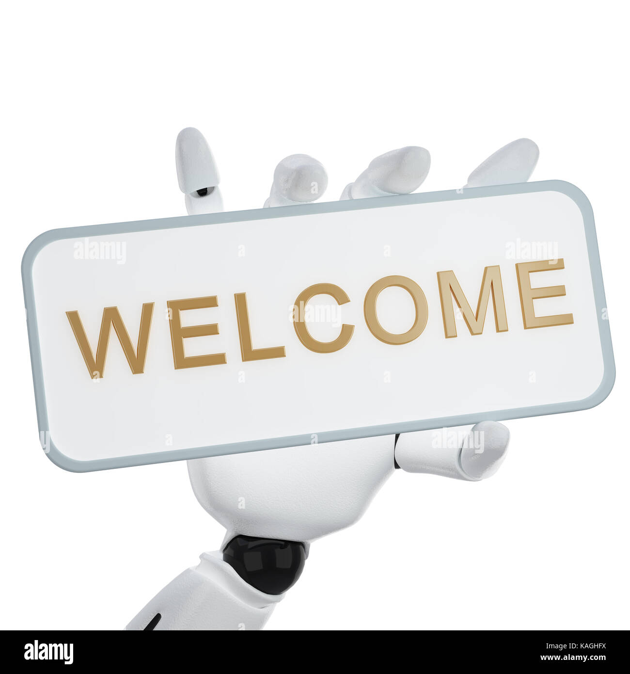 A 3d robotic hand hold a plate with word "welcome Stock Photo - Alamy