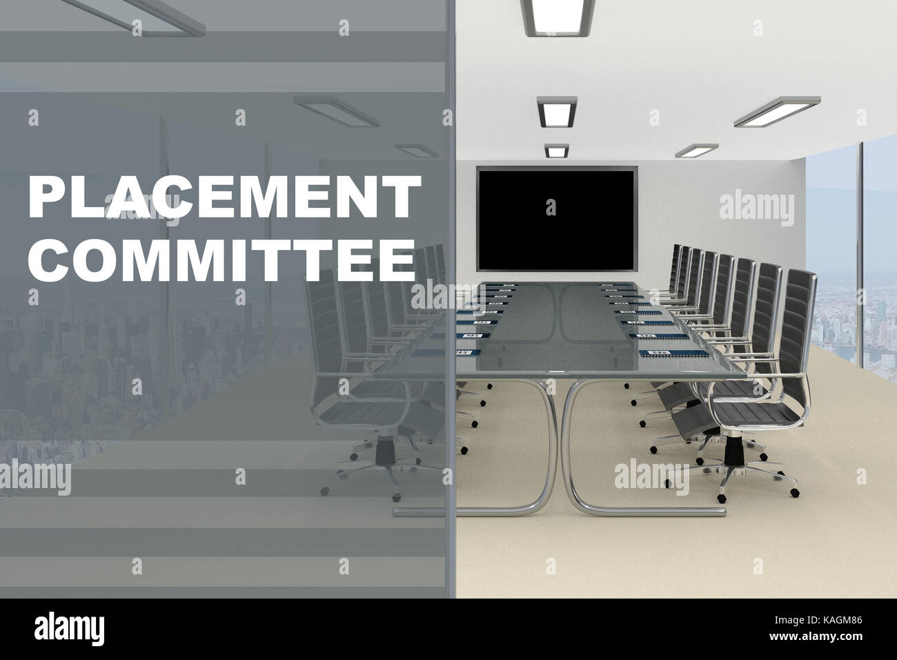 3D illustration of "PLACEMENT COMMITTEE" title on a glass compartment ...