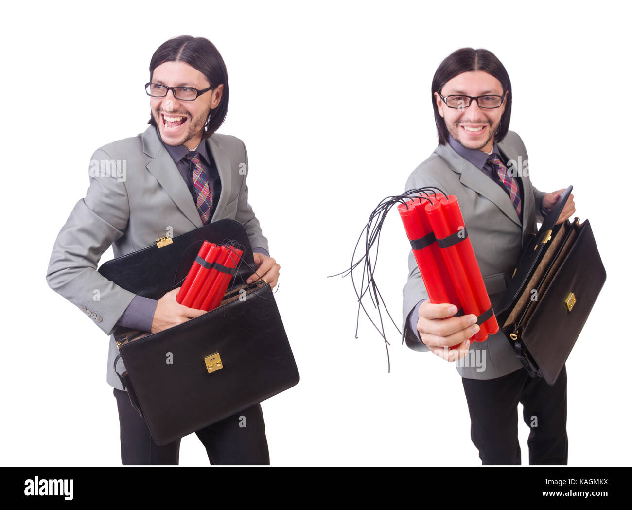 Businessman with red sticks of dynamite in terrorist concept isolated ...