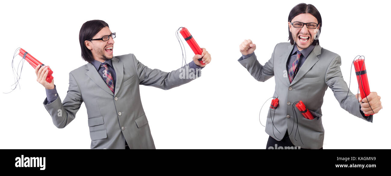 Young businessman holding dynamite isolated on white Stock Photo - Alamy