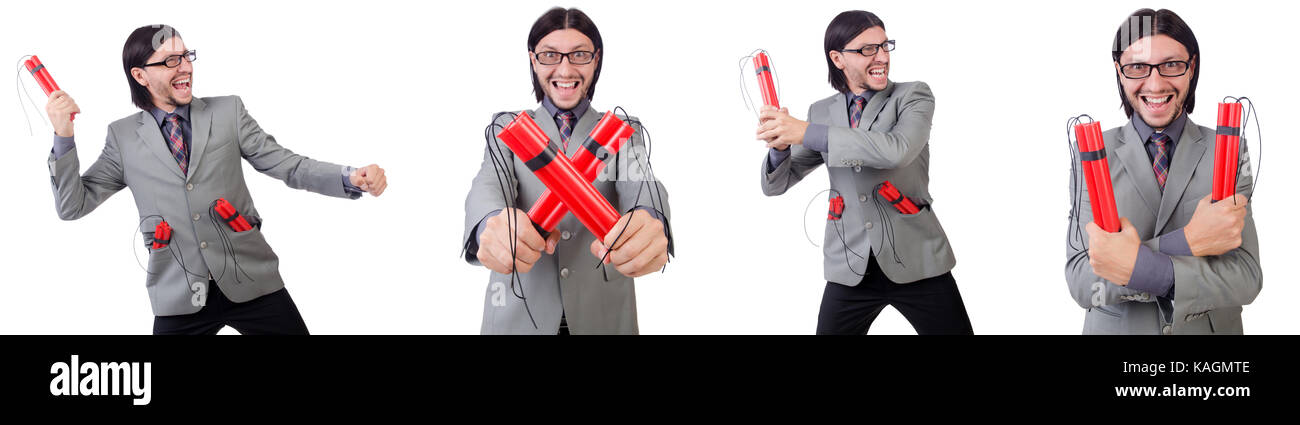 Young businessman holding dynamite isolated on white Stock Photo - Alamy