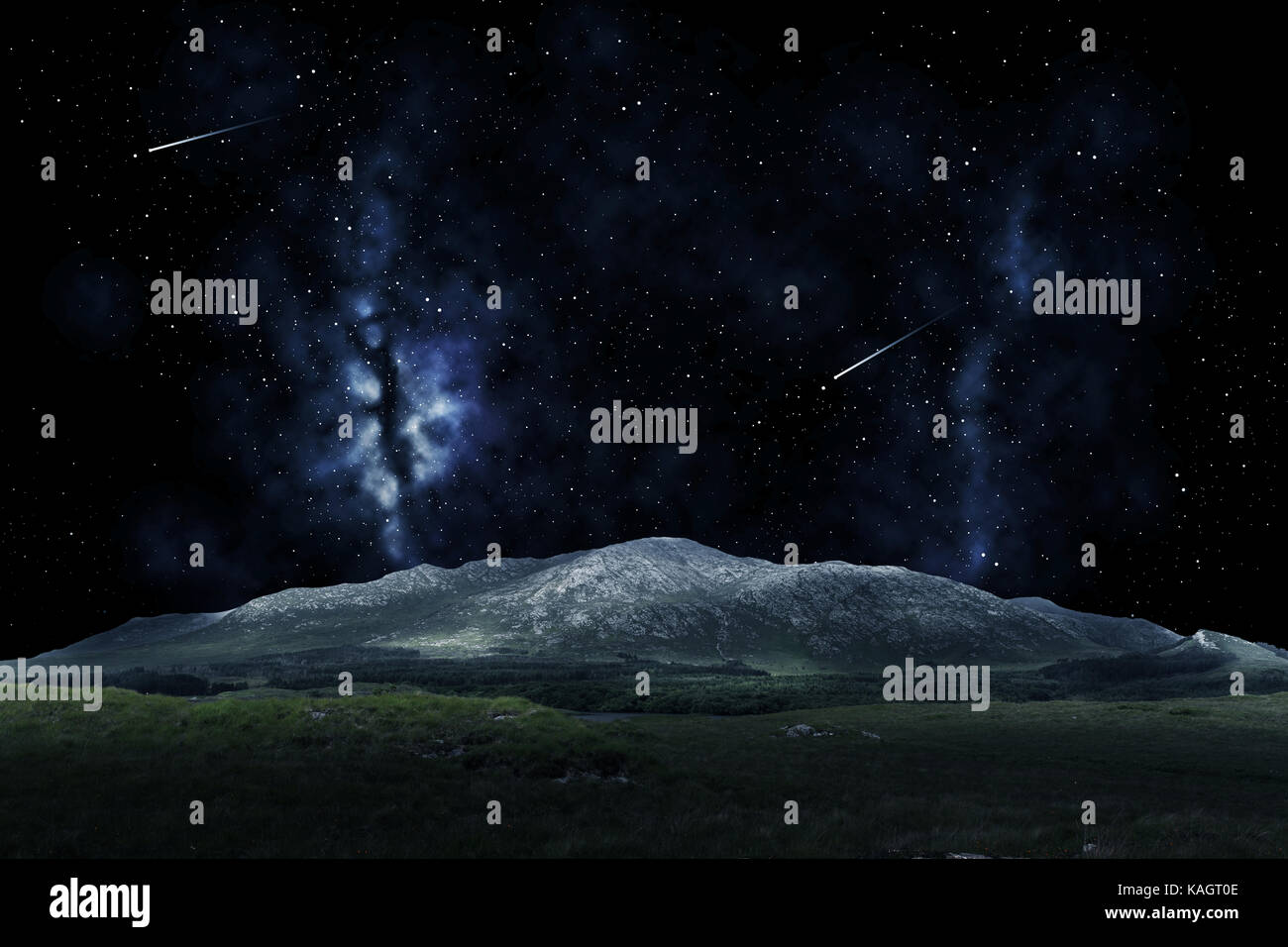 mountain landscape over night sky or space Stock Photo - Alamy