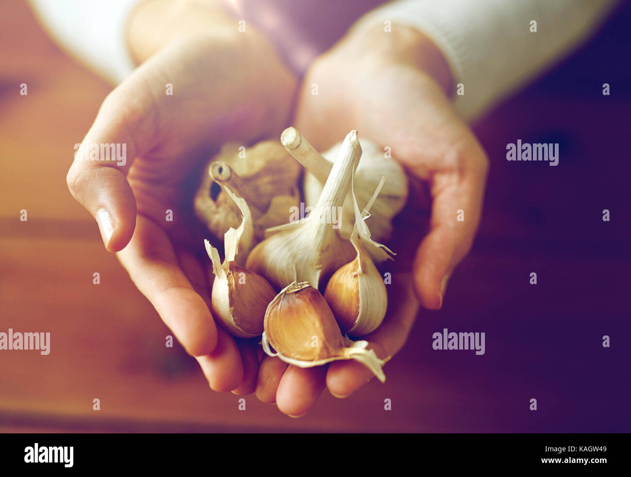 woman hands holding garlic Stock Photo - Alamy