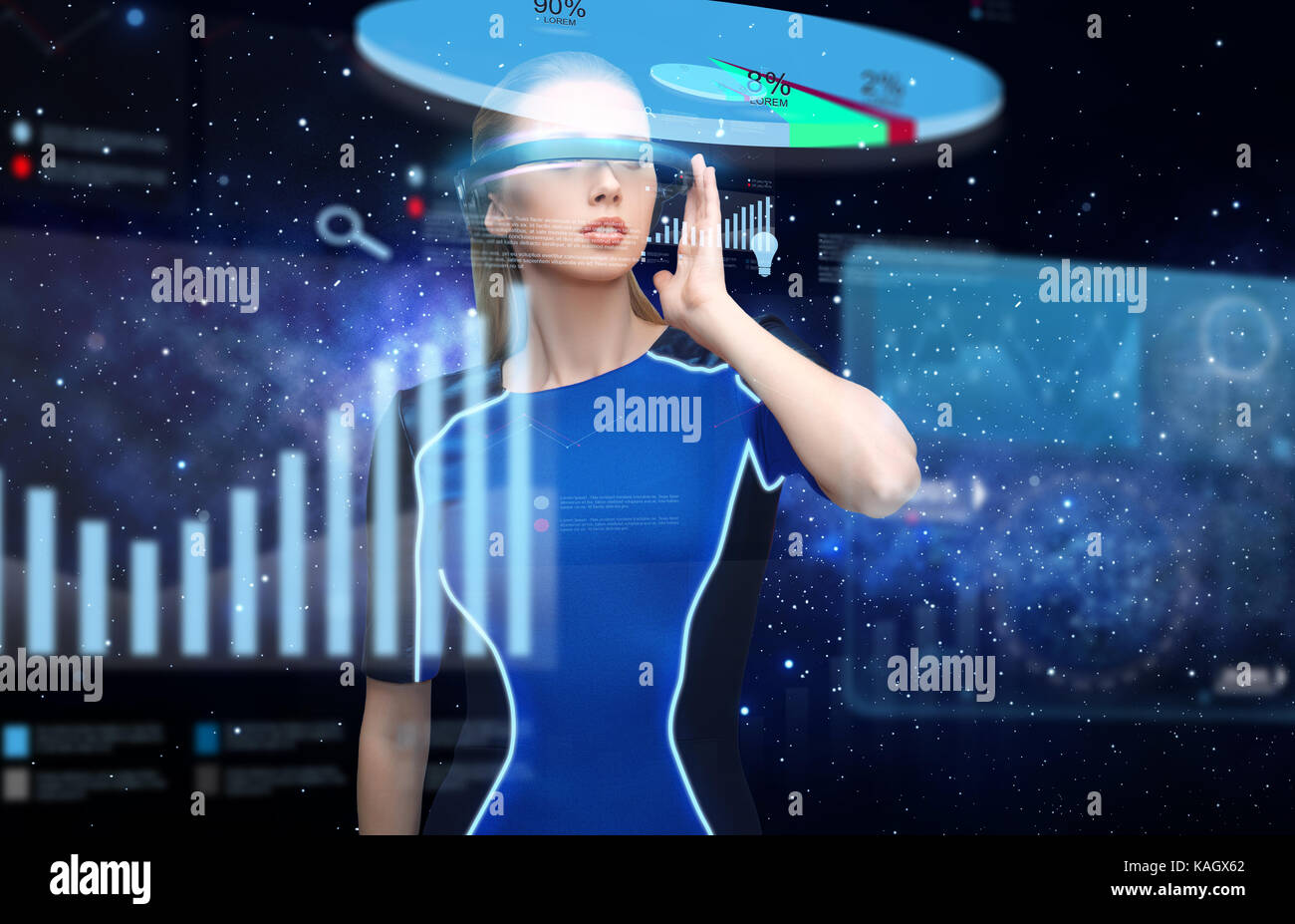 woman in virtual reality 3d glasses with charts Stock Photo - Alamy