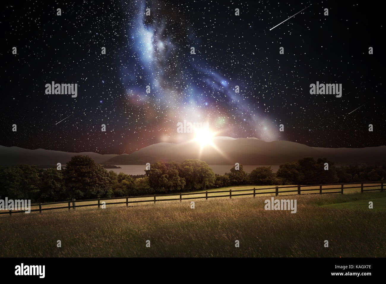 landscape over space and stars in night sky Stock Photo - Alamy