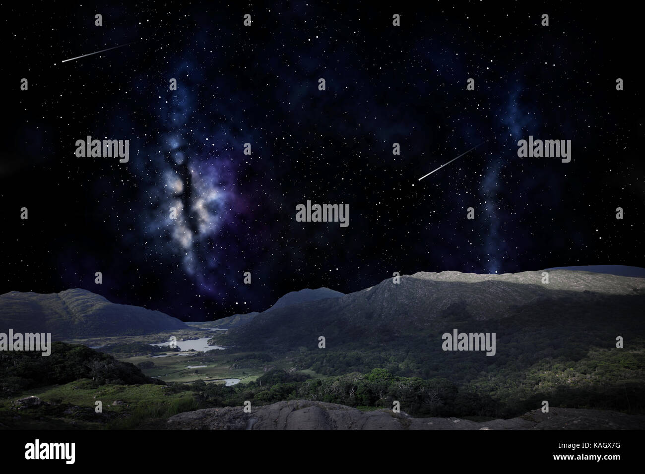mountain landscape over night sky or space Stock Photo - Alamy