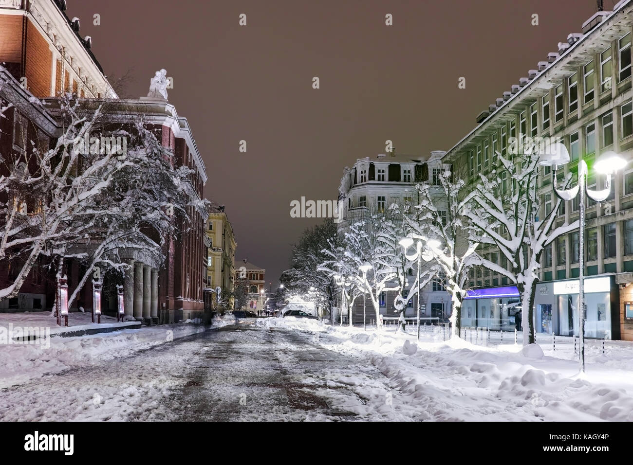 Night photo of snowy street in center of Sofia city, Bulgaria Stock ...