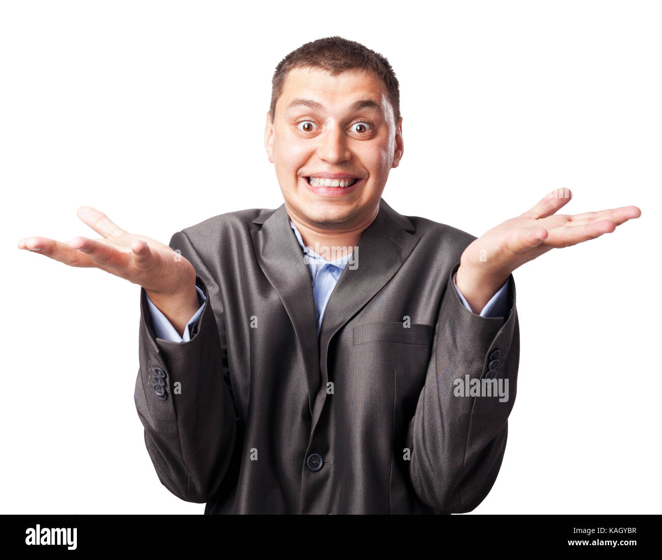 emotional crazy young businessman in perplexity isolated on white ...