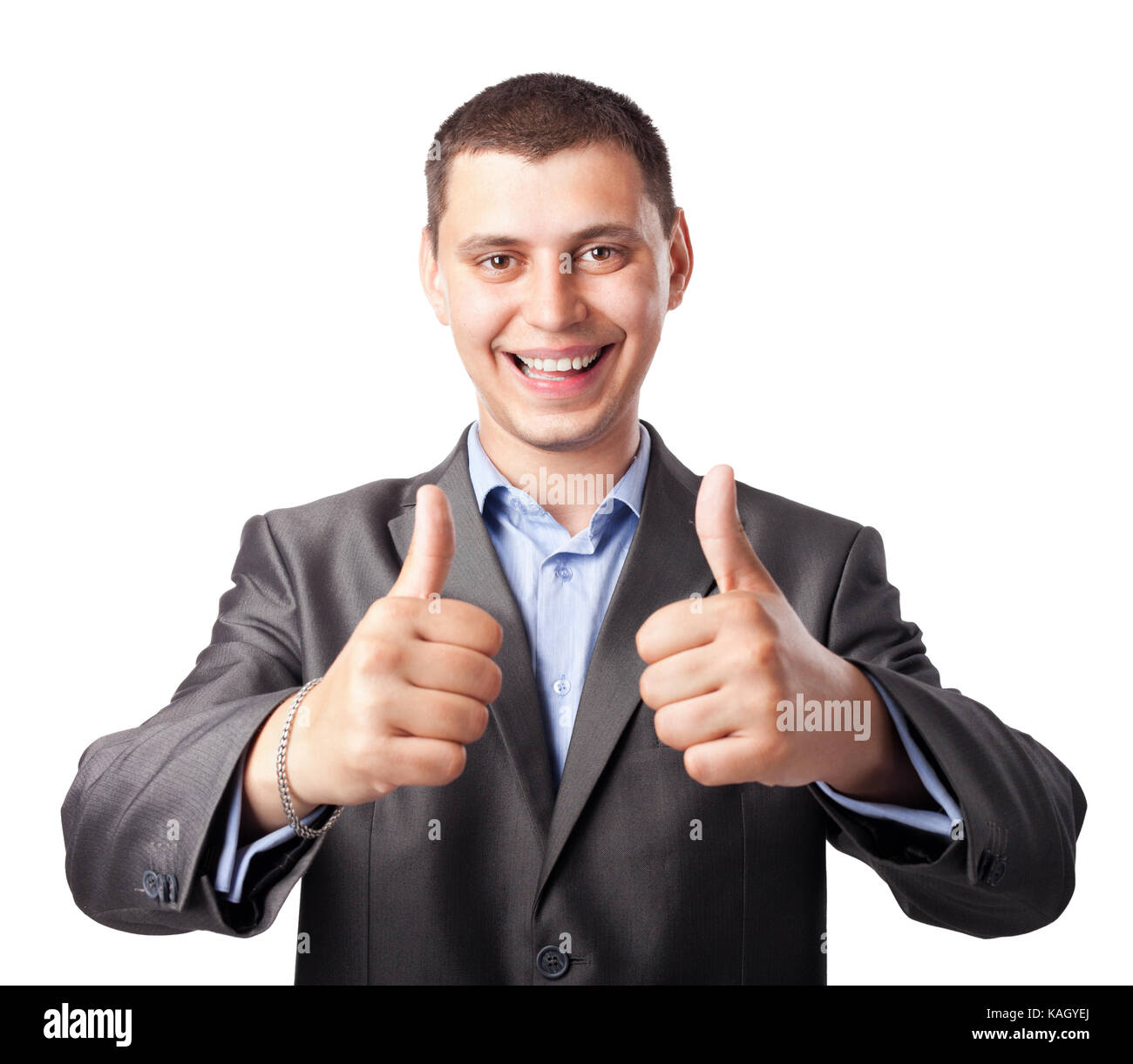smiling happy young businessman hands make thumbs up isolated on white ...