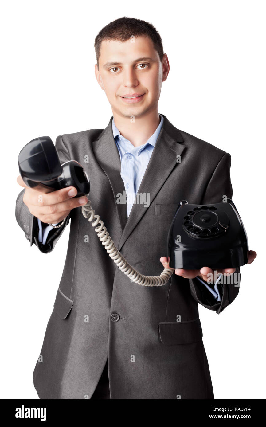 businessman holding telephone receiver isolated on white background ...