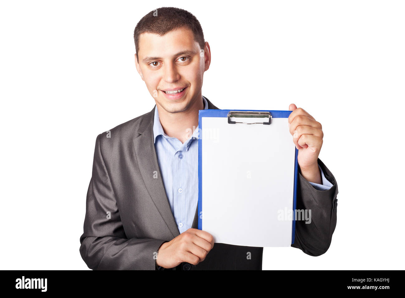 smiling young businessman holding clipboard isolated on white ...
