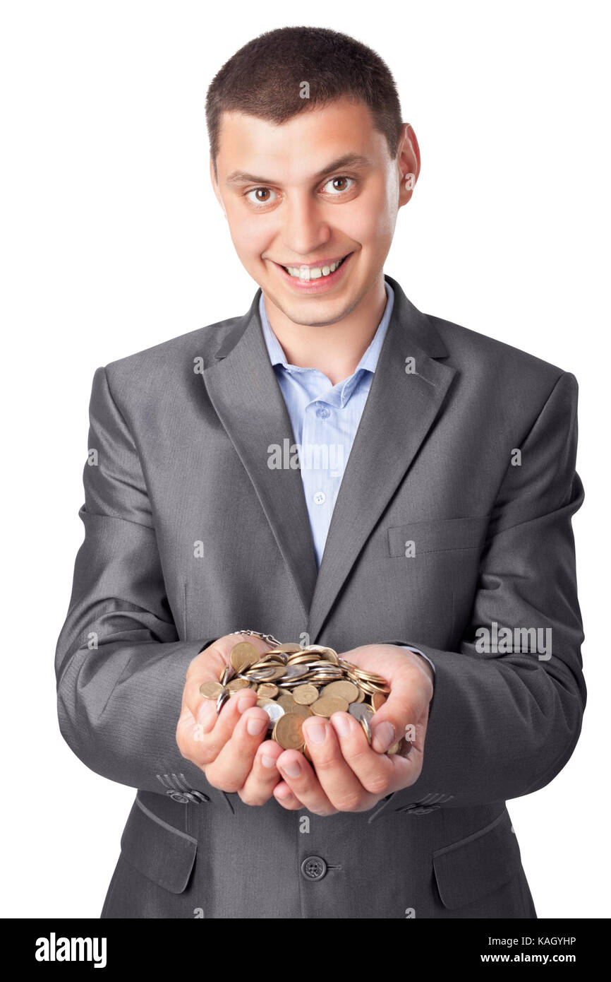 young smiling businessman with heap of coins isolated on white ...
