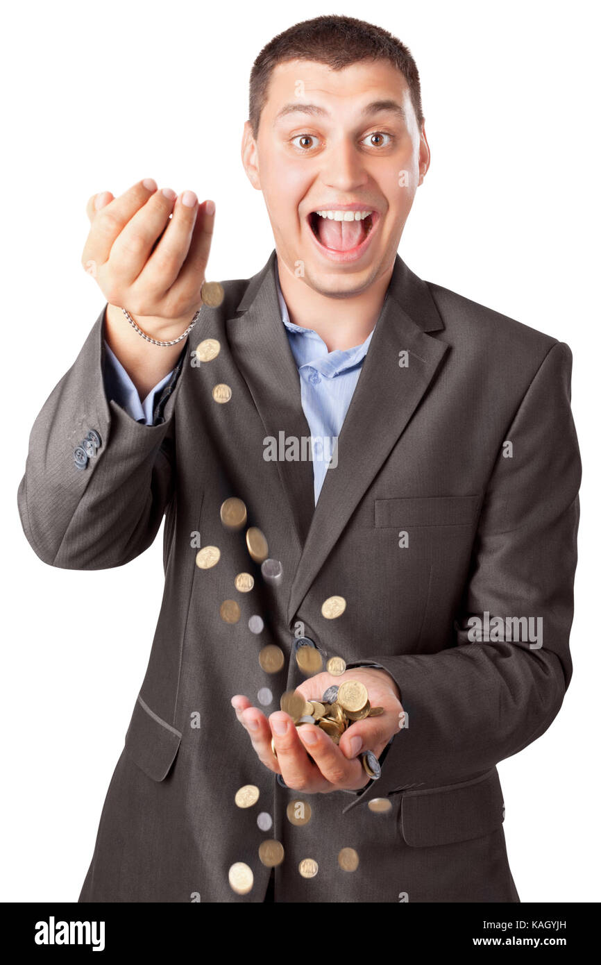 happy rich businessman pouring coins isolated on white background Stock ...