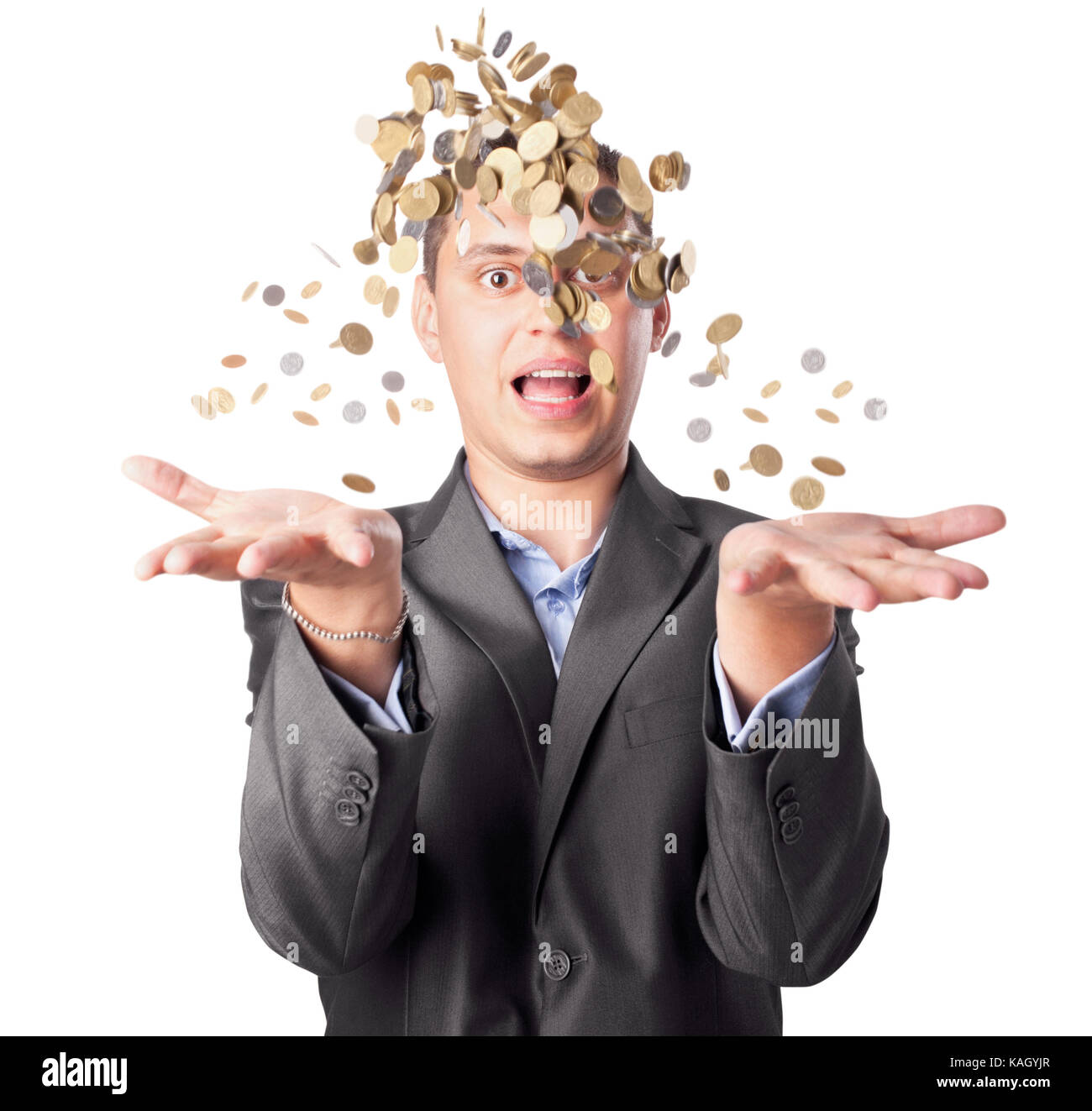 young businessman throws up many coins isolated on white background ...